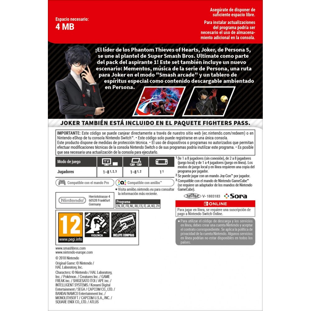 SUPER SMASH BROS ULTIMATE JOKER CHALLENGER PACK NINTENDO SWITCH DESCARGA DIGITAL